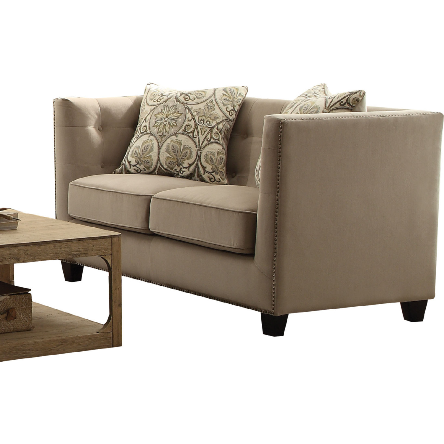 Acme 53586 Juliana Loveseat with 2 Pillows in Tufted Beige Fabric