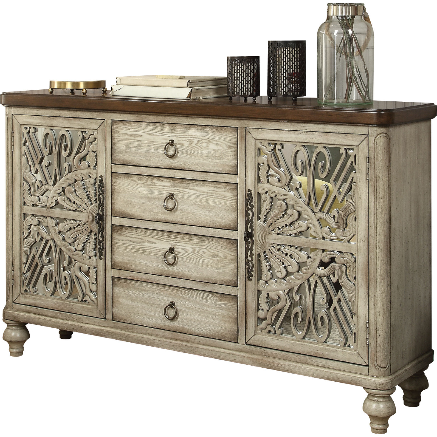 Acme 90288 Vermont Console Table in Antique White & Mirror