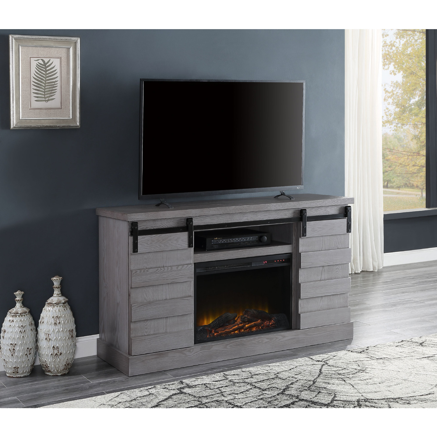 Acme 91616 Amrita 59" TV Stand with Fireplace in Gray Oak Finish Wood