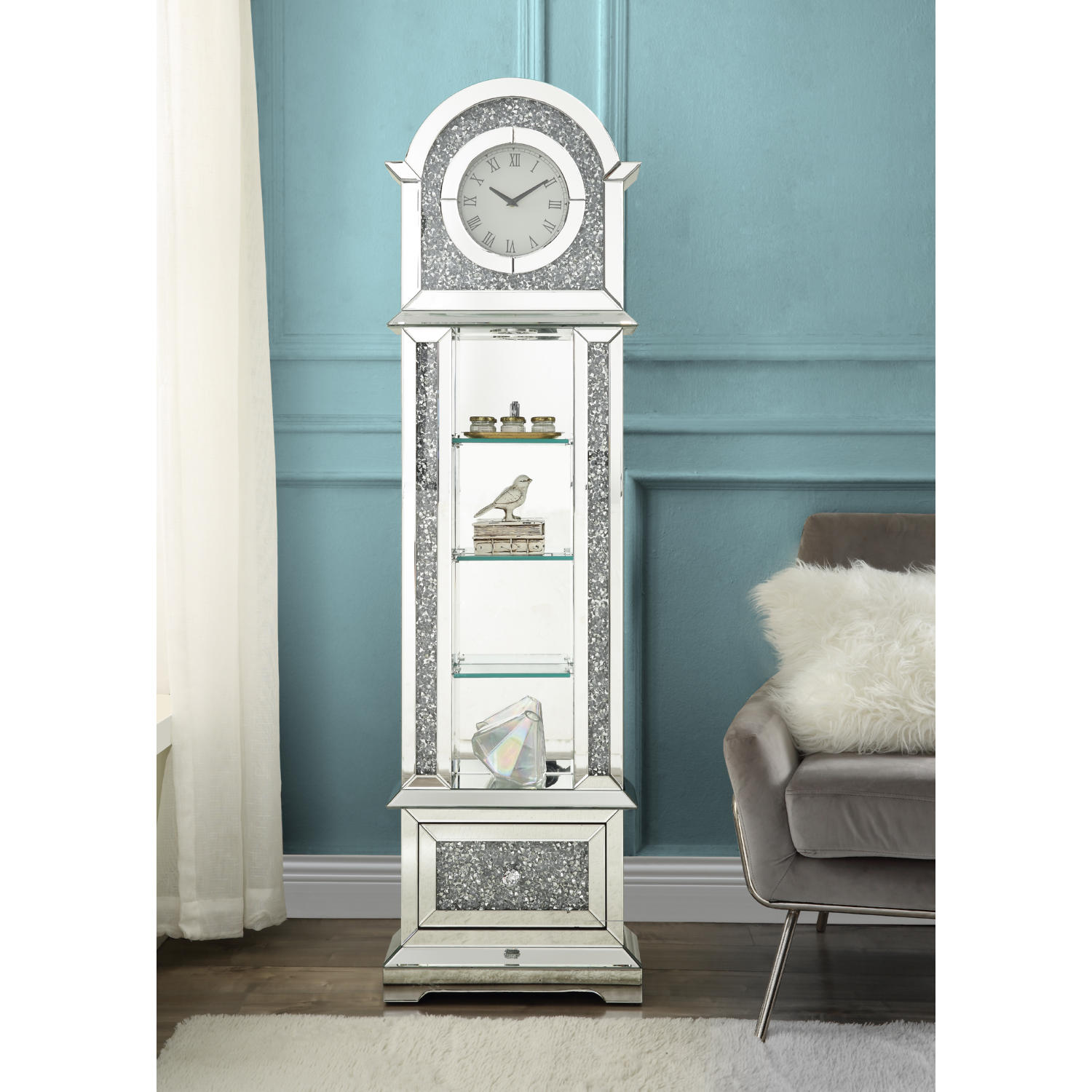 Acme AC00352 Noralie Grandfather Clock in Mirror & Faux Diamonds