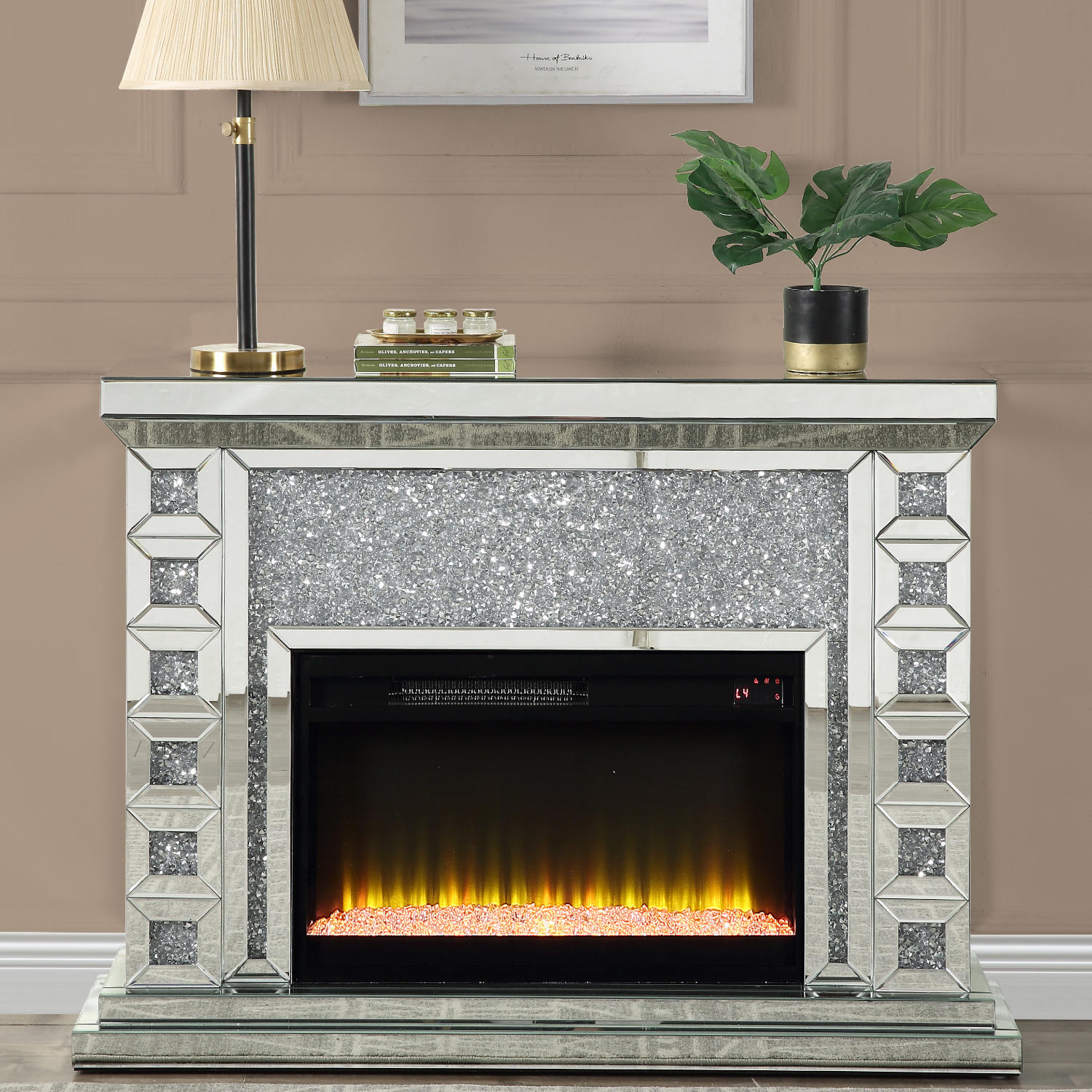 Acme AC00507 Noralie Fireplace in Mirror, Faux Diamonds & Tempered Glass