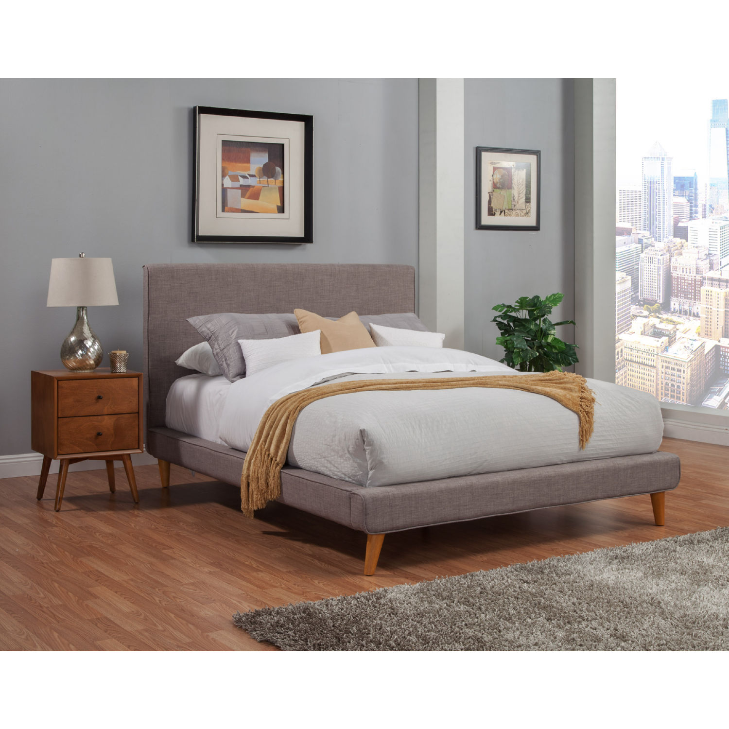 Alpine 1296Q Britney Queen Platform Bed in Dark Grey Fabric