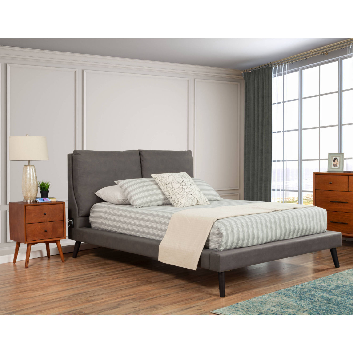 Alpine 9901EK Gabriela King Platform Bed with USB in Grey Fabric