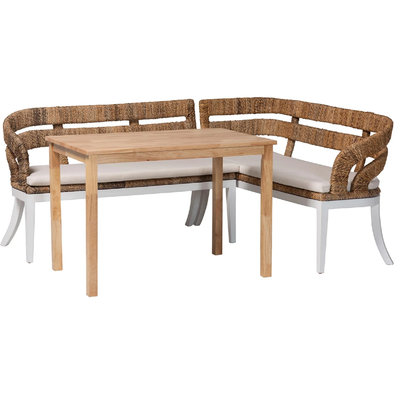 Baxton Ubud/RH7006-3PC Dining Set Ubud 3 Piece Dining Nook Bench Set in Wood, Natural Seagrass ...