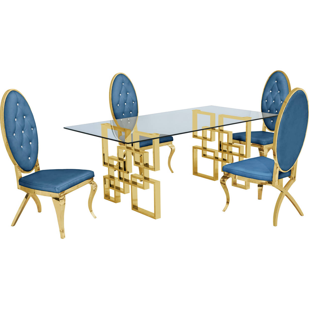 Best Quality D222-4SC58 D222 5 Piece Dining Set in Glass, Gold Stainless Steel & Teal Blue Velvet