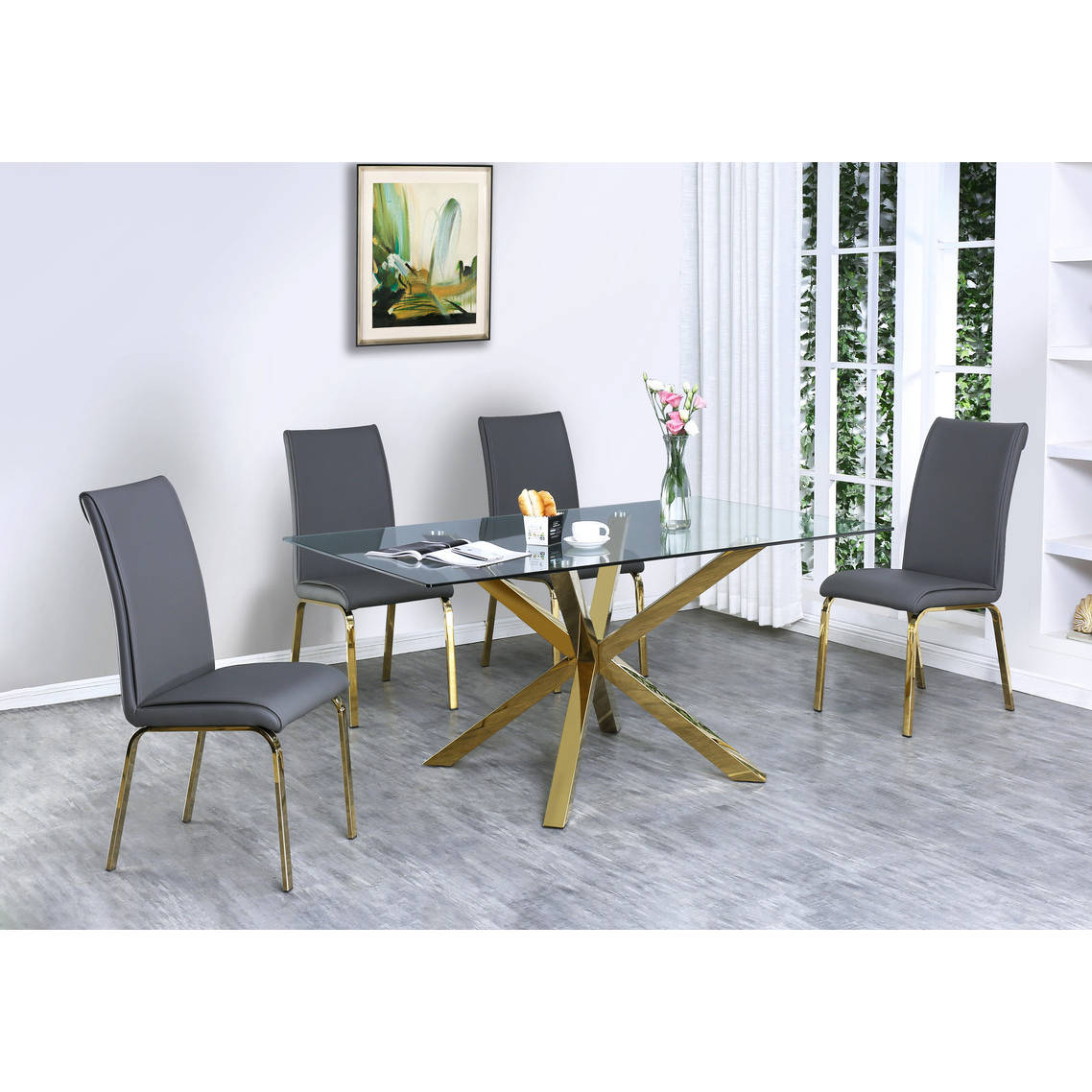 Best Quality D61 D61 5 Piece Dining Set in Glass, Gold Stainless Steel & Dark Gray Leatherette