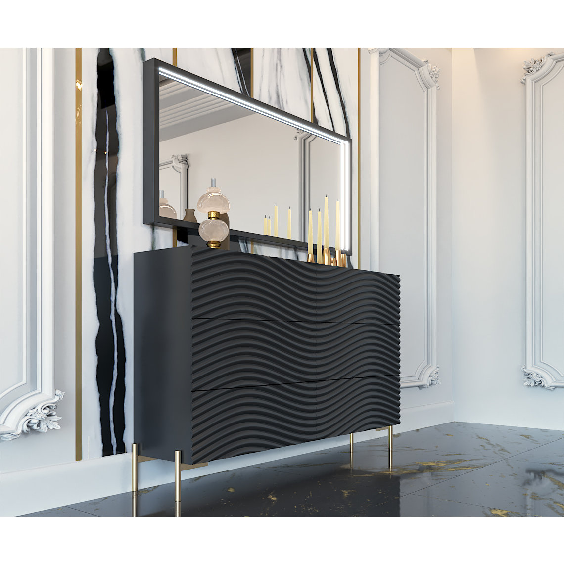 Franco Spain WAVEMIRRORDDGREY Wave 59" Mirror in Dark Gray & Gold Finish