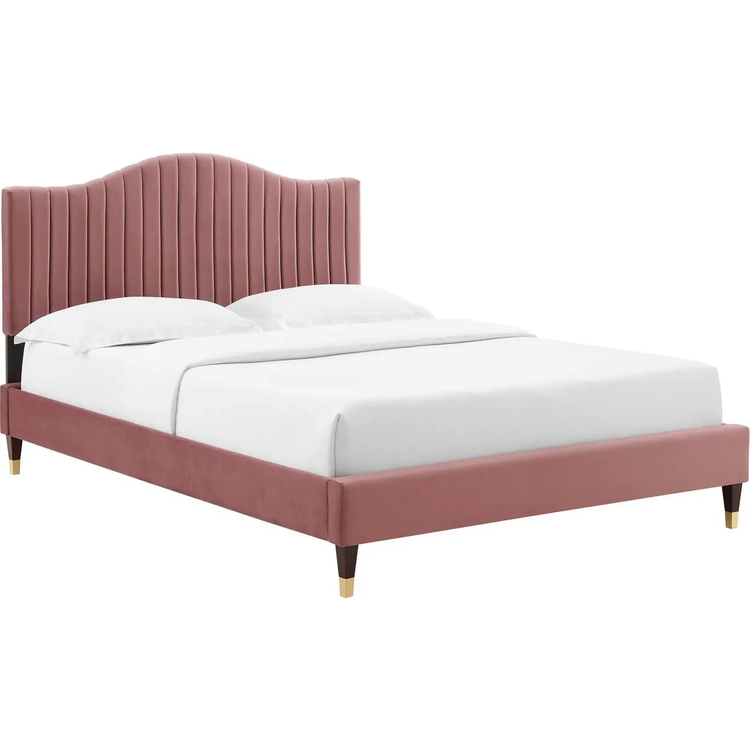 Modway MOD-6740-DUS Juniper Queen Platform Bed in Channel Tufted Rose Velvet with Gold Capped ...