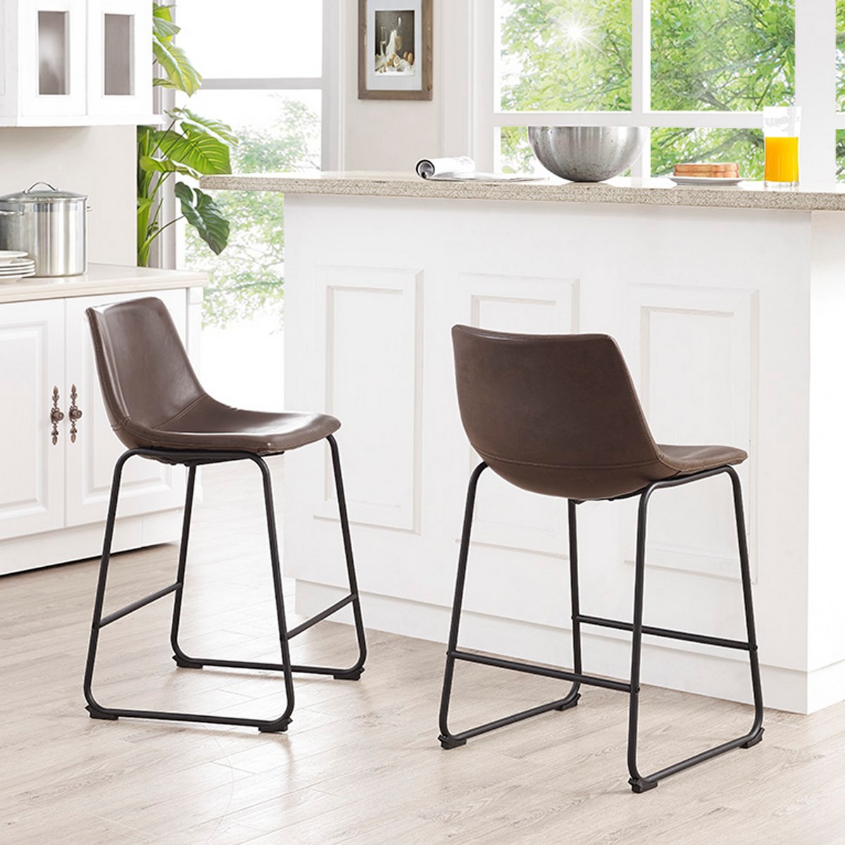 Walker Edison CHL26BR Brown Leatherette Counter Stools on Powder Coated ...